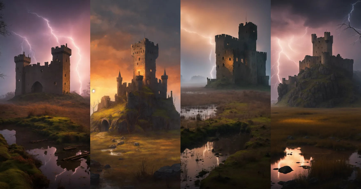 Lexica - Ruin of a stone castle in the middle of a foggy barren swamp ...