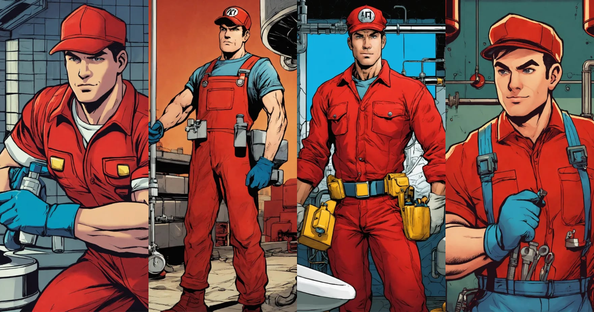 Lexica - Close up of a heroic plumber in a red outfit, comic style