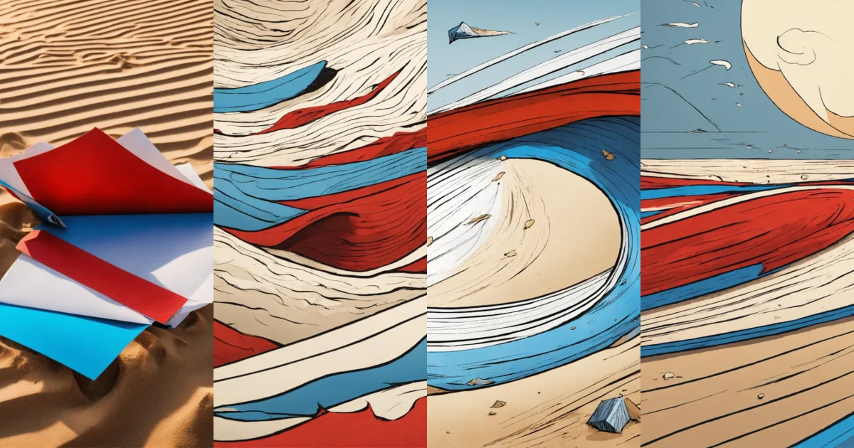 Lexica - Paper in the sand. Comic book style, color white blue and red