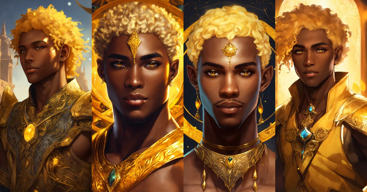 Lexica - A black male sun elf, caramel skin, hazel eyes, wavy yellow hair