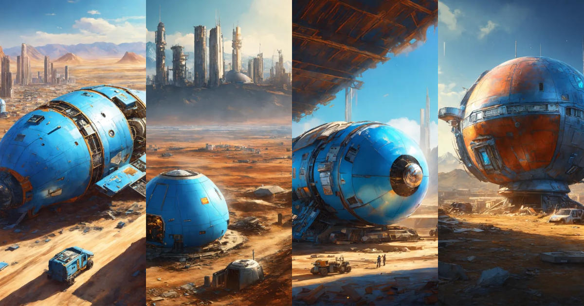 Lexica - Bright blue sun high above, the crushed long space escape pod ...