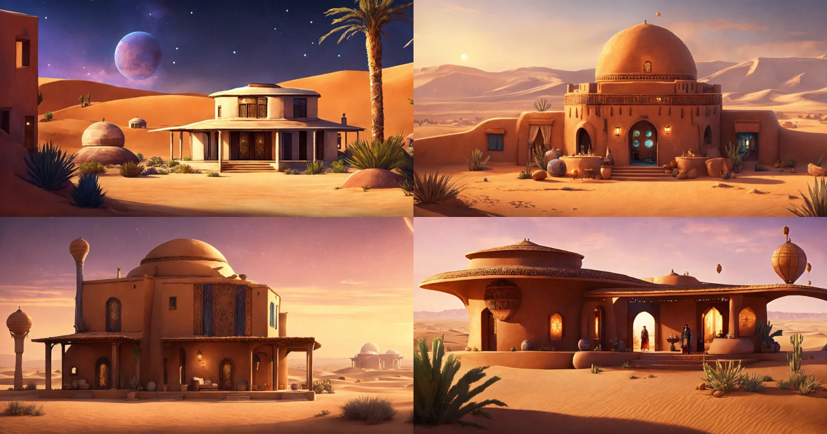 Lexica - Concept art of a large desert home, jakku, desert, flat roof ...