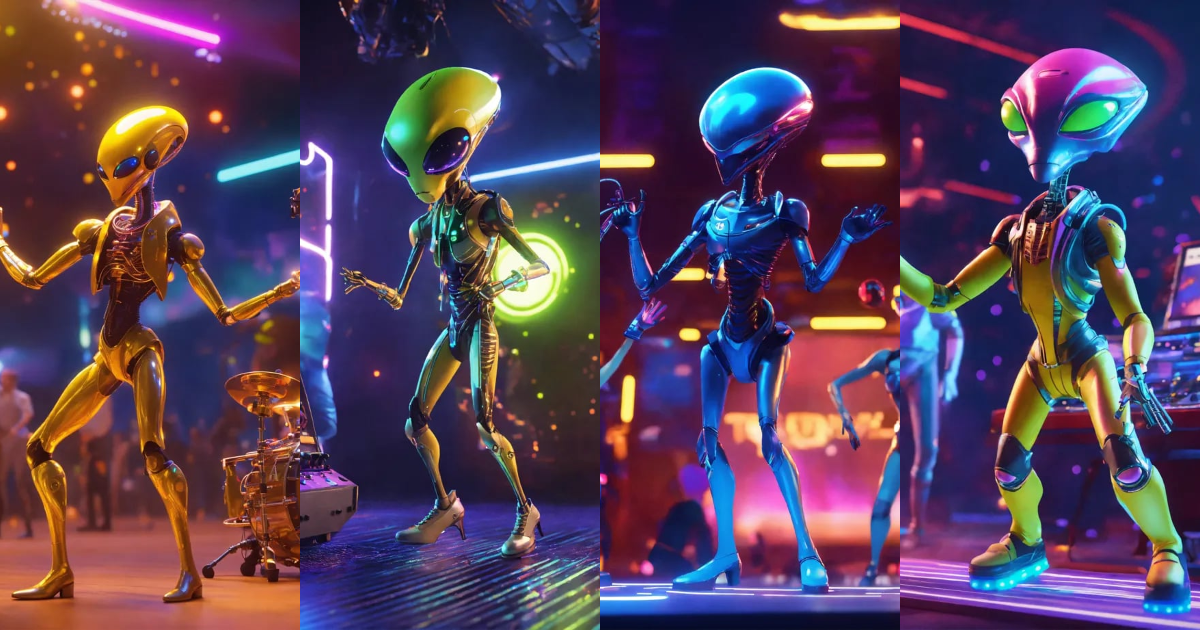 Lexica - Zoom out on tall funky big rockstar playing a hi-tech alien ...