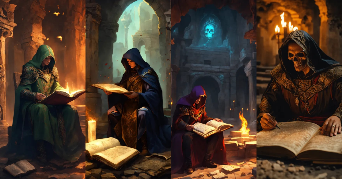 Lexica - Malevolent necromancer using a sorcerous manuscript in ancient ...