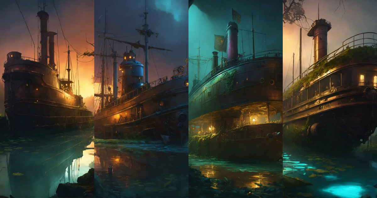 Lexica - Beached steampunk submarine shipwreck in swamp, dark ...