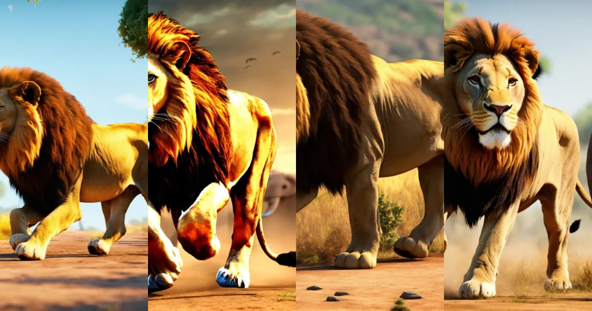Lexica - 3d animation style the lion chasing elephant