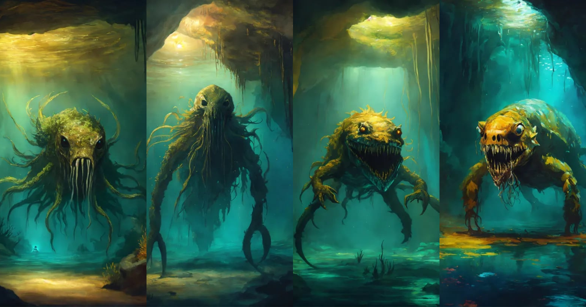 Lexica - Concept art of a scary creature in the depths of an underwater ...