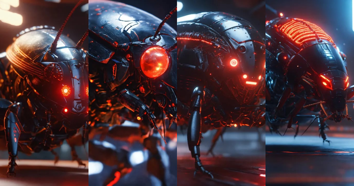 Lexica - Zoom out shot of standing black cockroach faced humanoid with ...