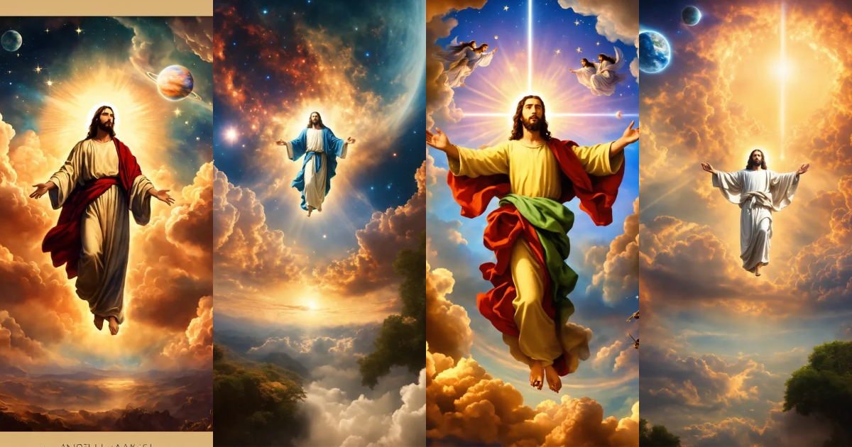 Lexica - A beautiful sky with Jesus descending from the clouds. Planets ...