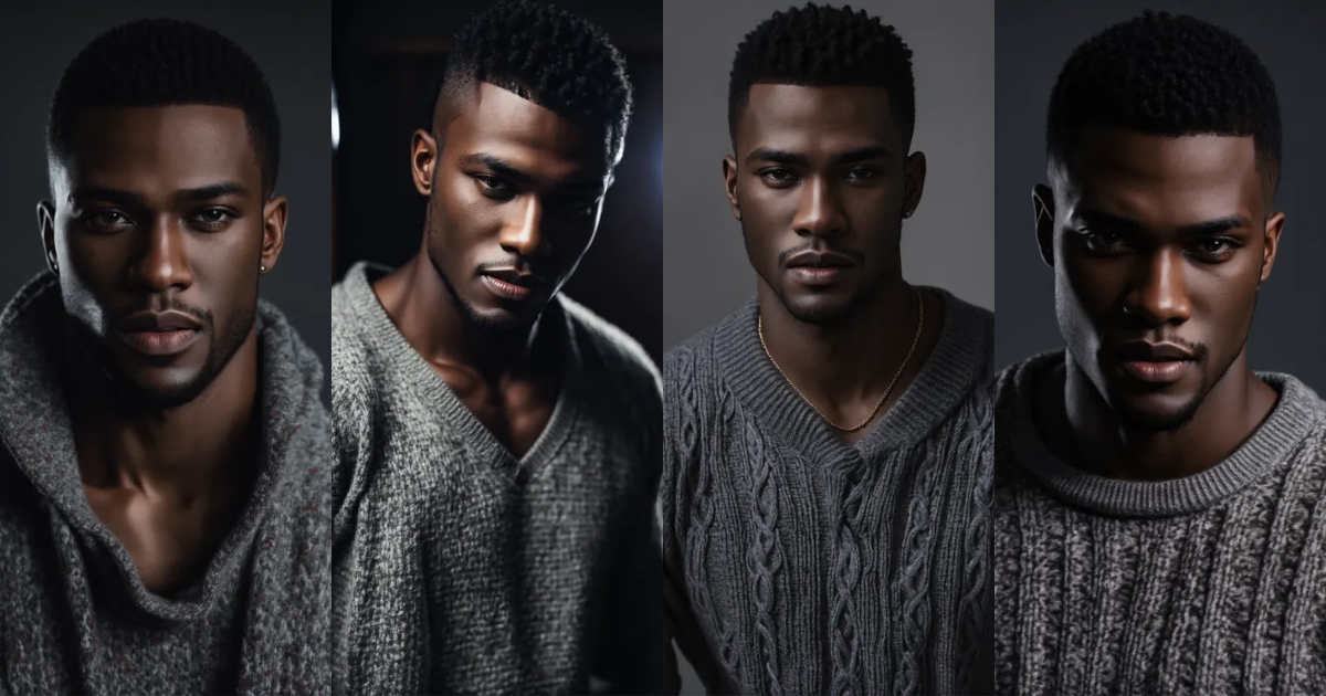 Lexica - Handsome black male, dark skin, vampire, gray sweater