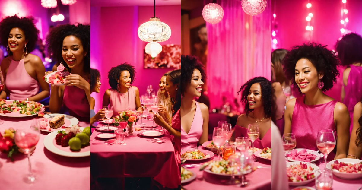 Lexica - Mixed race women at pink themed dinner party, talking and ...