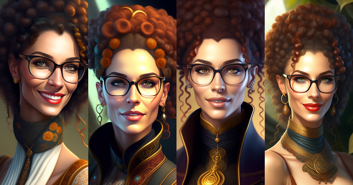 Lexica - Face, Caucasian woman, broad chin, tied curly hair, glasses ...