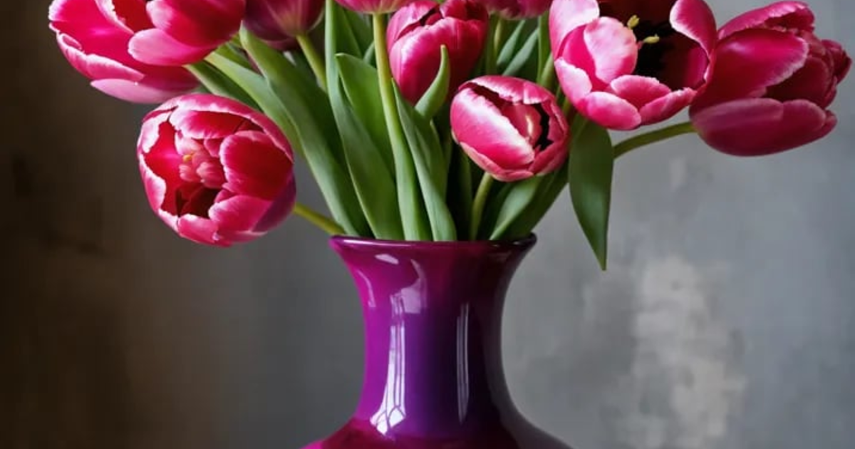 Lexica - Unique and bold vibrant magenta vase, tulips
