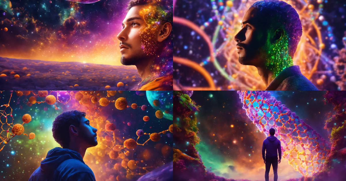 Lexica - Well built man looking up, dna strands floating in the ...