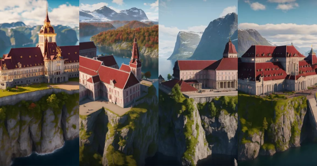 Lexica - Full image of a massive royal palace with a maroon roof on a cliff overlooking a Fjord ...