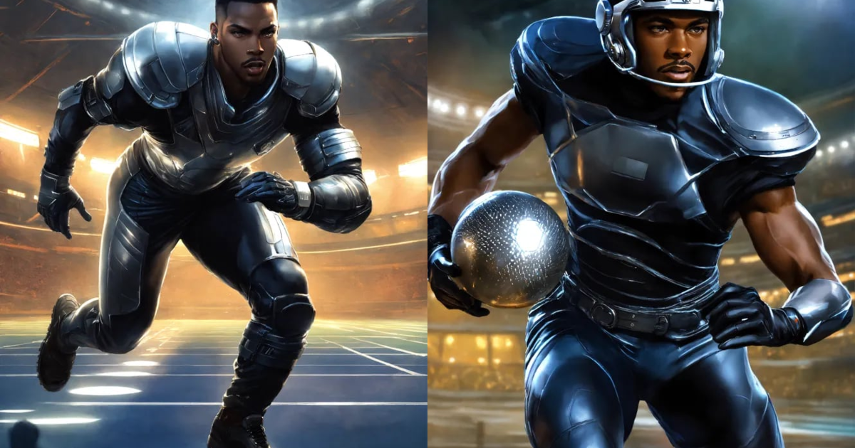 Lexica - Muscular black male defiant Speedball scifi Player on a steel ...