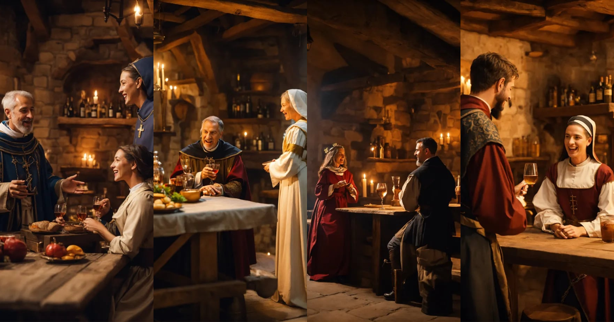 Lexica - Excited, realistic, priest talking to a woman in medieval tavern.