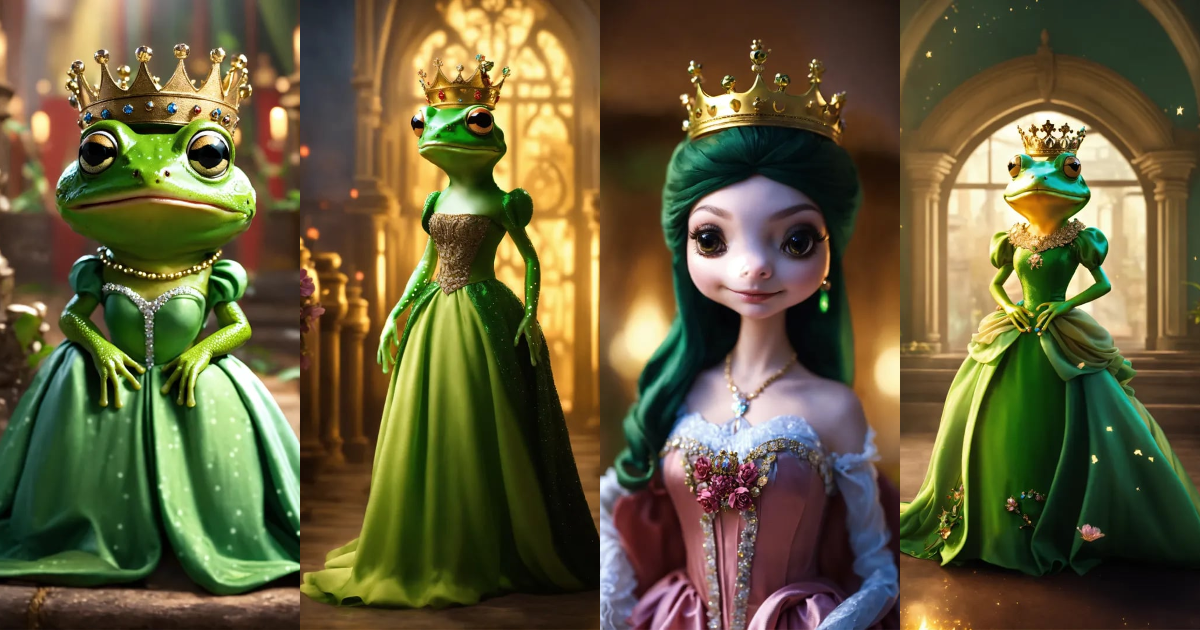 Lexica - Cute lady frog in dress and crown dressed in gown in cinematic ...