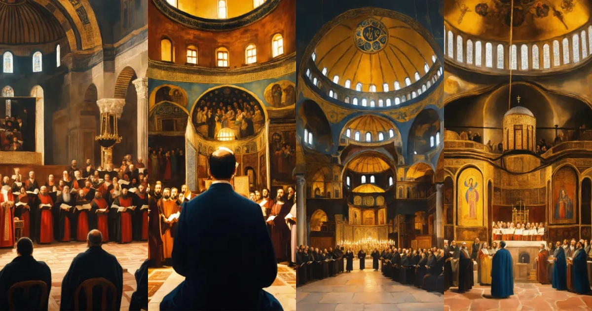Lexica - A painting with a Greek orthodox choir singing in the Hagia Sophia
