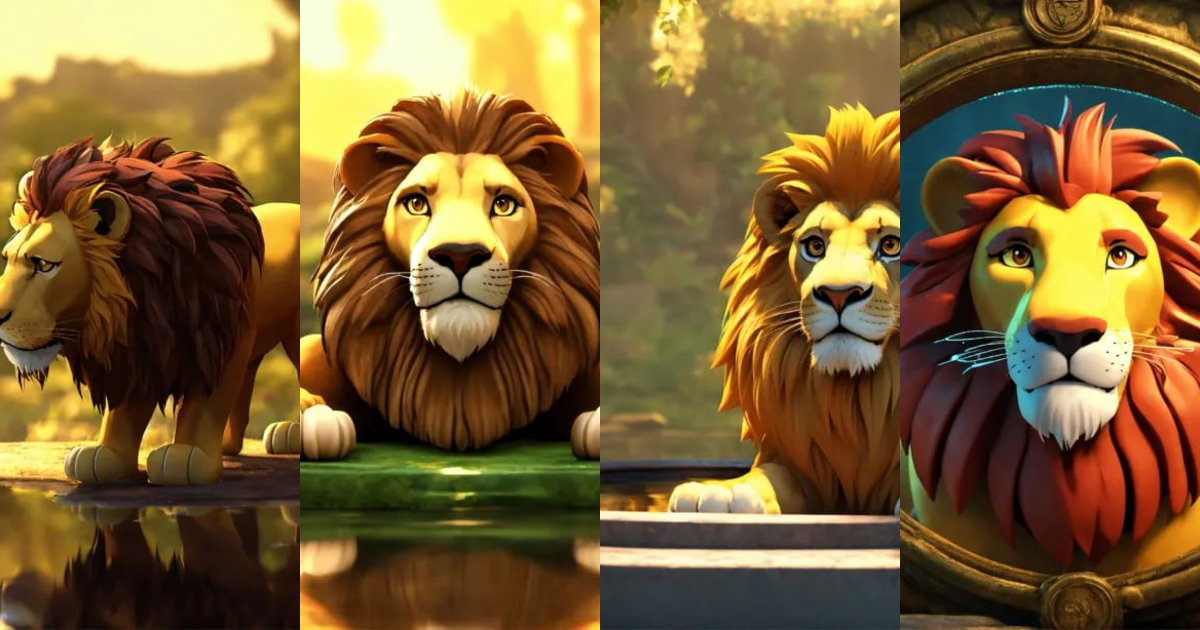 Lexica - 3d animation style cartoon lion watch into well and see his ...