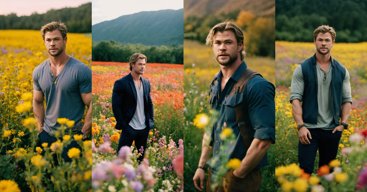 Lexica - Happy Chris Hemsworth standing in a beautiful field of flowers ...