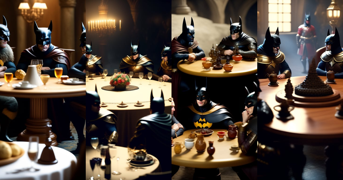 Lexica - Batmen sitting at a round table like King Arthur's knights