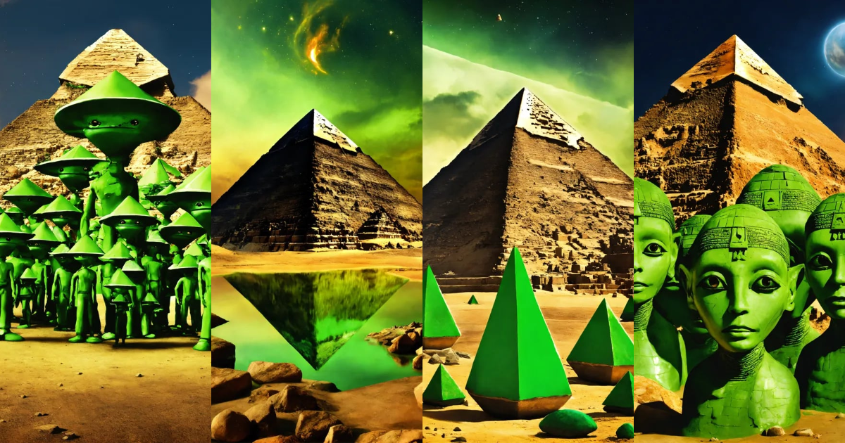 Lexica - Many green aliens building the great pyramid , stones floating ...