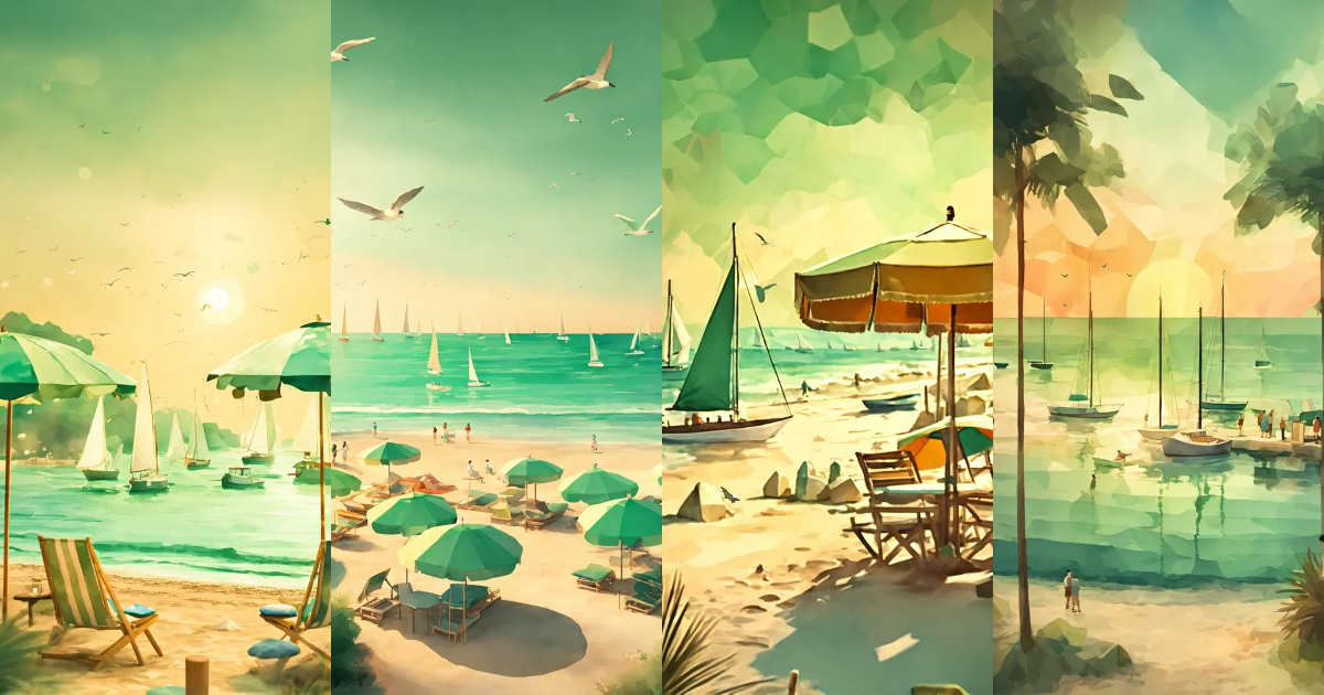 Lexica - Beach scene with a muted green sunset, sailboats, and beach ...