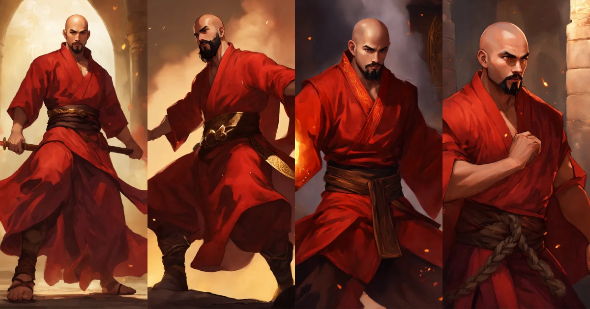 Lexica - D&D male, monk, red robes, shirtless, brown eyes, black goatee ...