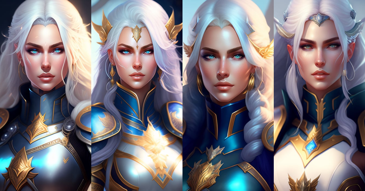 Lexica - Light azure armor!!! long wild white hair!! covered chest ...