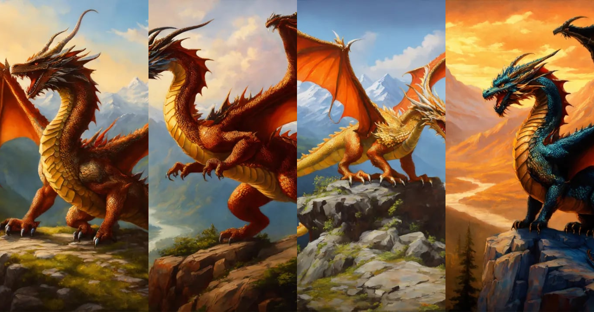 Lexica - Oil painting of a magnificent dragon in front of a mountainous ...