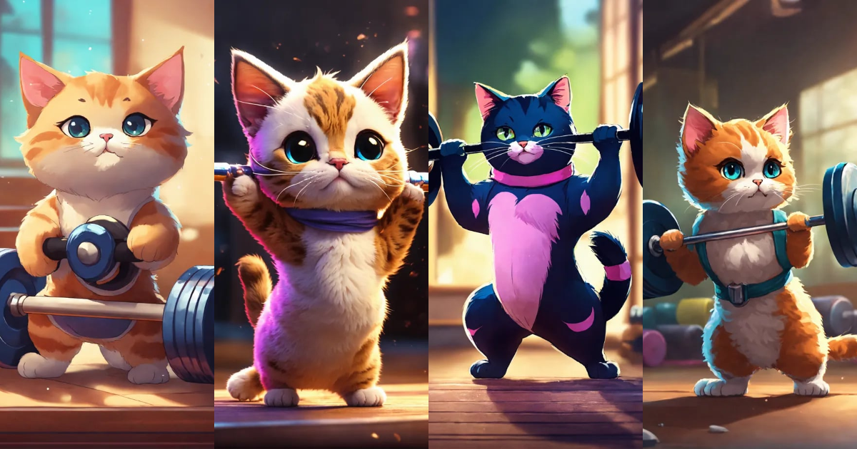 Lexica - Cute cat working out lifting weights in gym galaxy