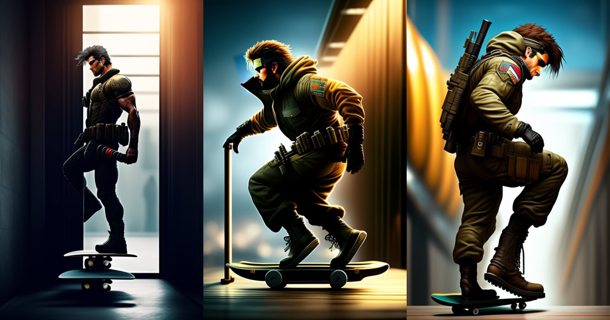 Lexica - Solid Snake from Metal Gear grinding on a skateboard on a ...
