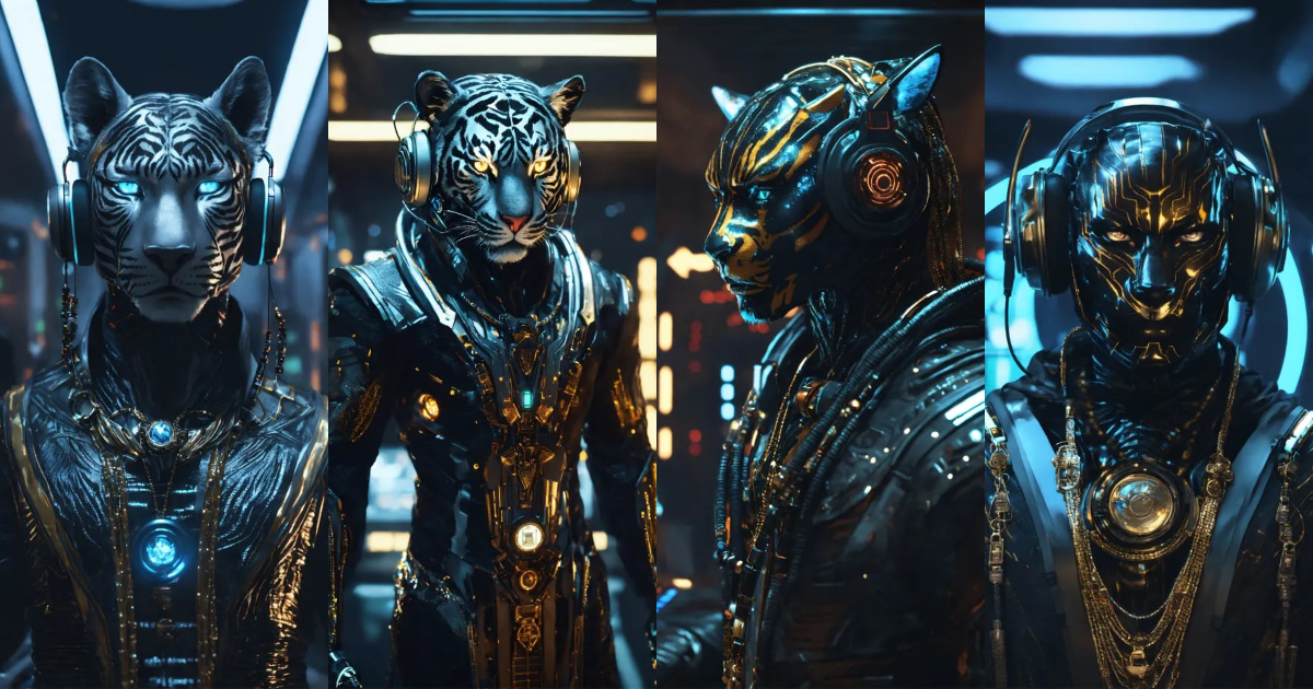 Lexica - Zoom out from a black tiger faced male humanoid, wearing a ...