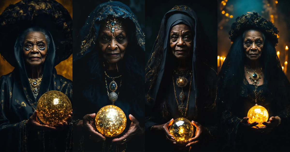 Lexica - Portrait a terrifying old black witch holding a glittering orb.