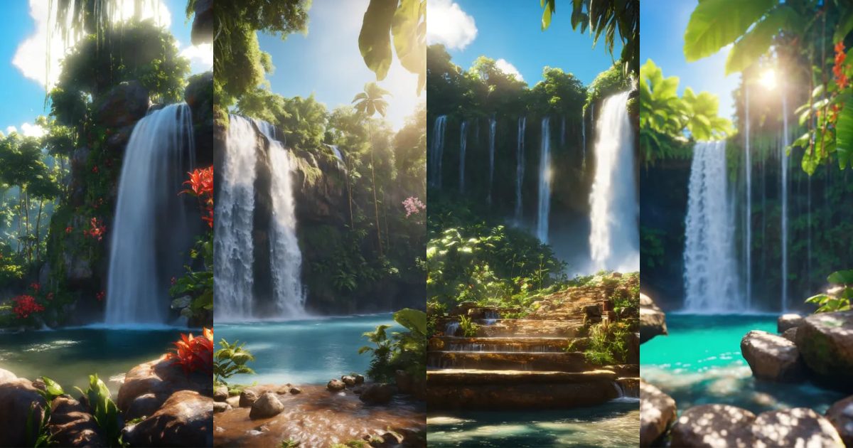 Lexica - Tropical flora, with magical teired waterfall, Cinematic style ...