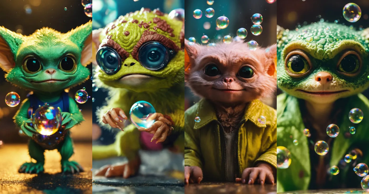 Lexica - Medium close-up, Leica portrait of a gremlin holding bubbles ...