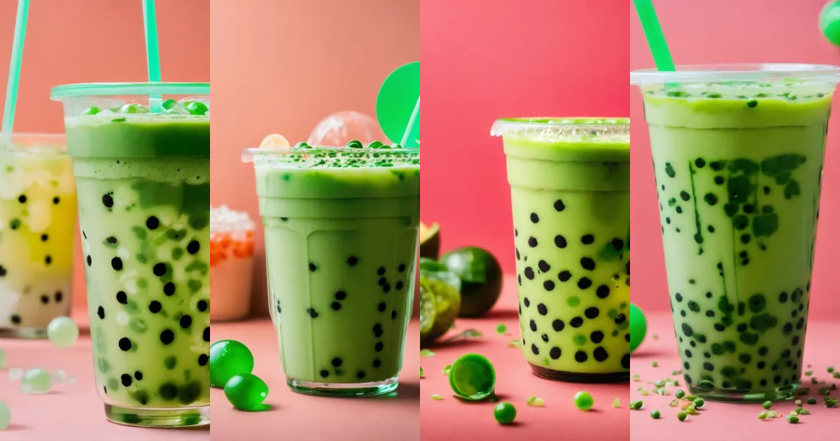 Lexica - Floating green boba tea. A lot of bobas. Stickers on cup ...