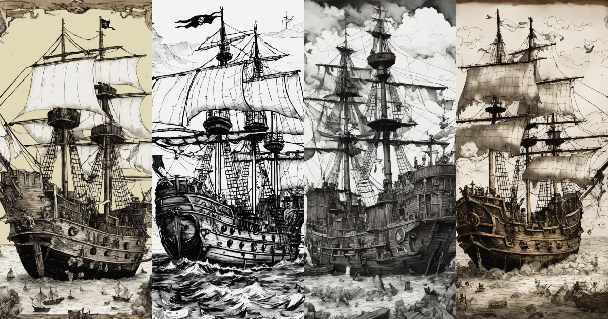 Lexica - Pen and ink image of a pirate ship with lots of elements from ...