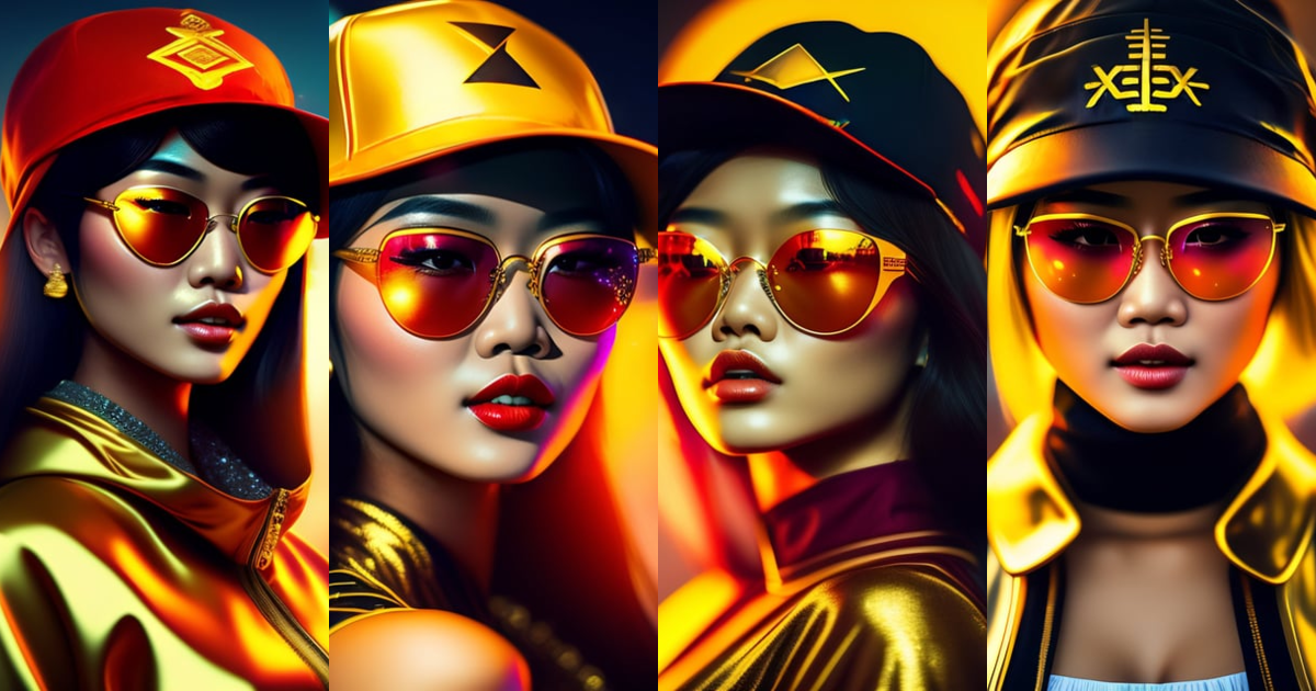 Lexica - Asian girl wearing a dress and golden cap wit a Big X logo. on it. Sunglasses from gold ...