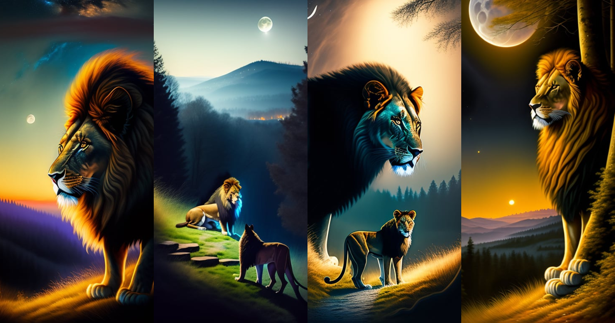 Lexica - Lion man and lycan on the hill, woods, night, fullmoon, realism
