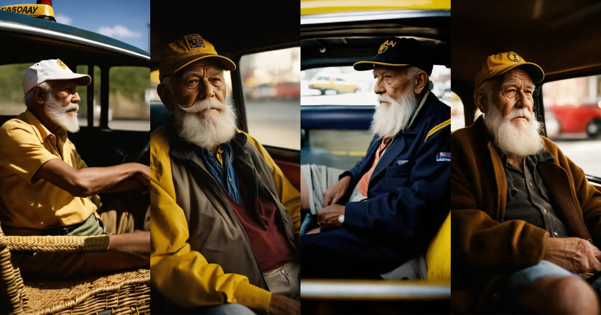 Lexica - A wise old man with white beard and baseball cap in a taxi cab ...