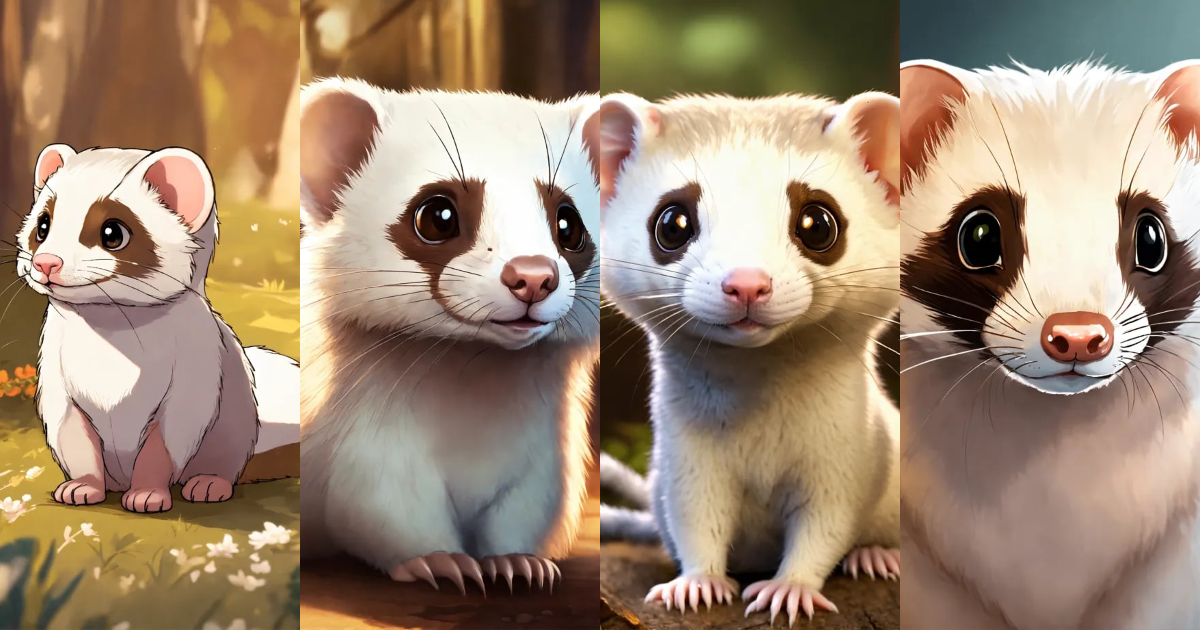 Lexica - Female ferret, silver and white fur, brown eyes, animated ...