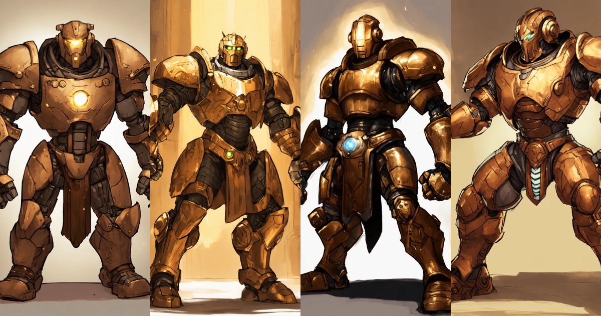 Lexica - Drawing of buff ancient bronze warforged robot holding fists in a boxers pose. white ...