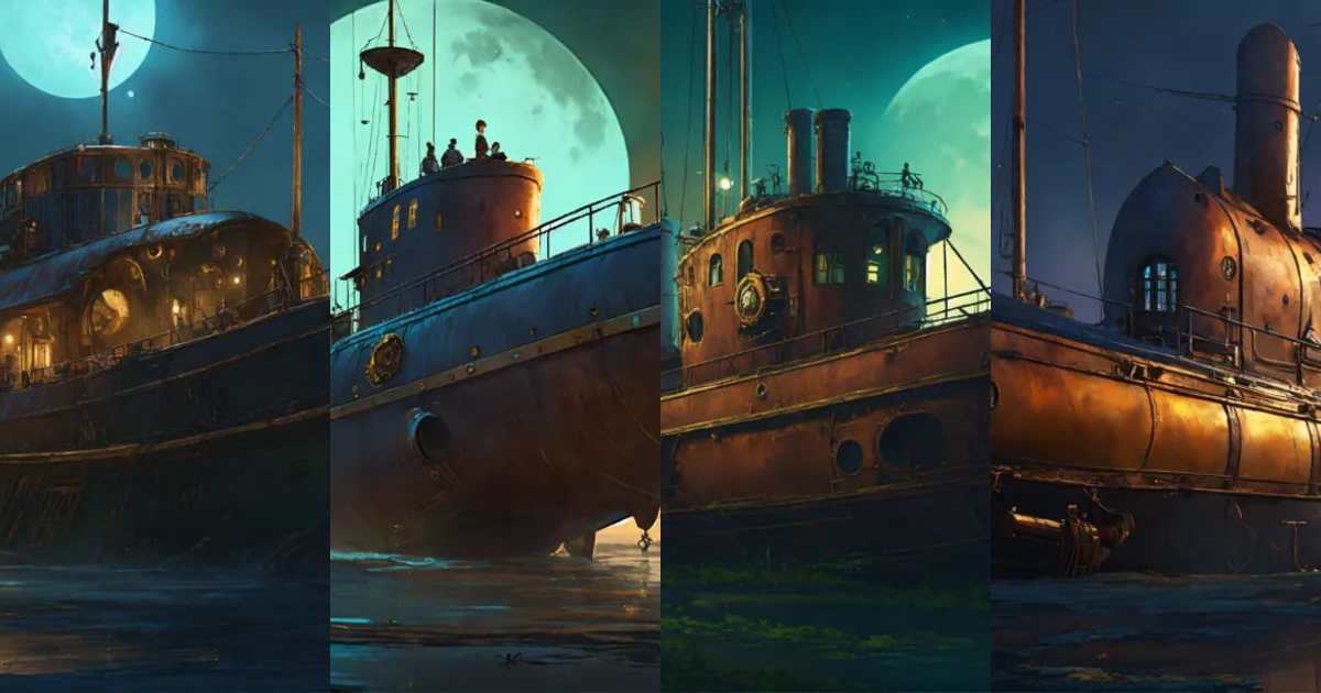 Lexica - Beached steampunk submarine tilted rusty shipwreck in swamp ...