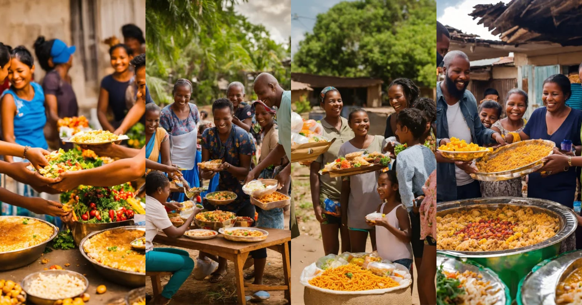 Lexica - A photo of a group of people giving food to a family. The ...