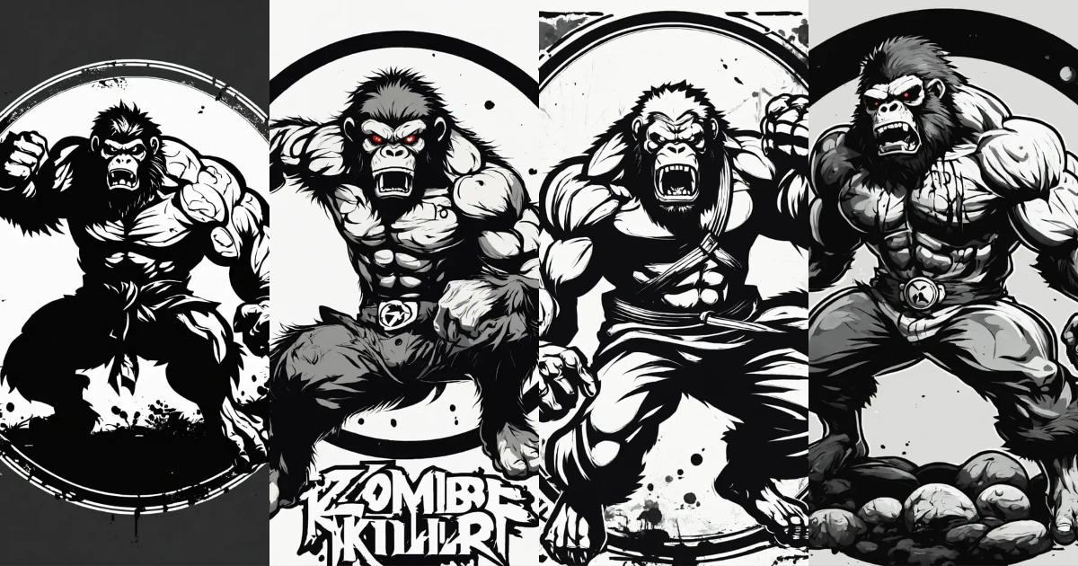 Lexica - Zombie killer ape street fighter black and white circle logo full body fighting stance ...