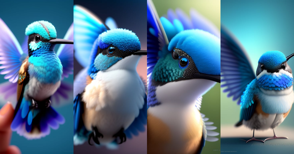 Lexica - Cute small fluffy blue hummingbird, big smile, one feather up ...