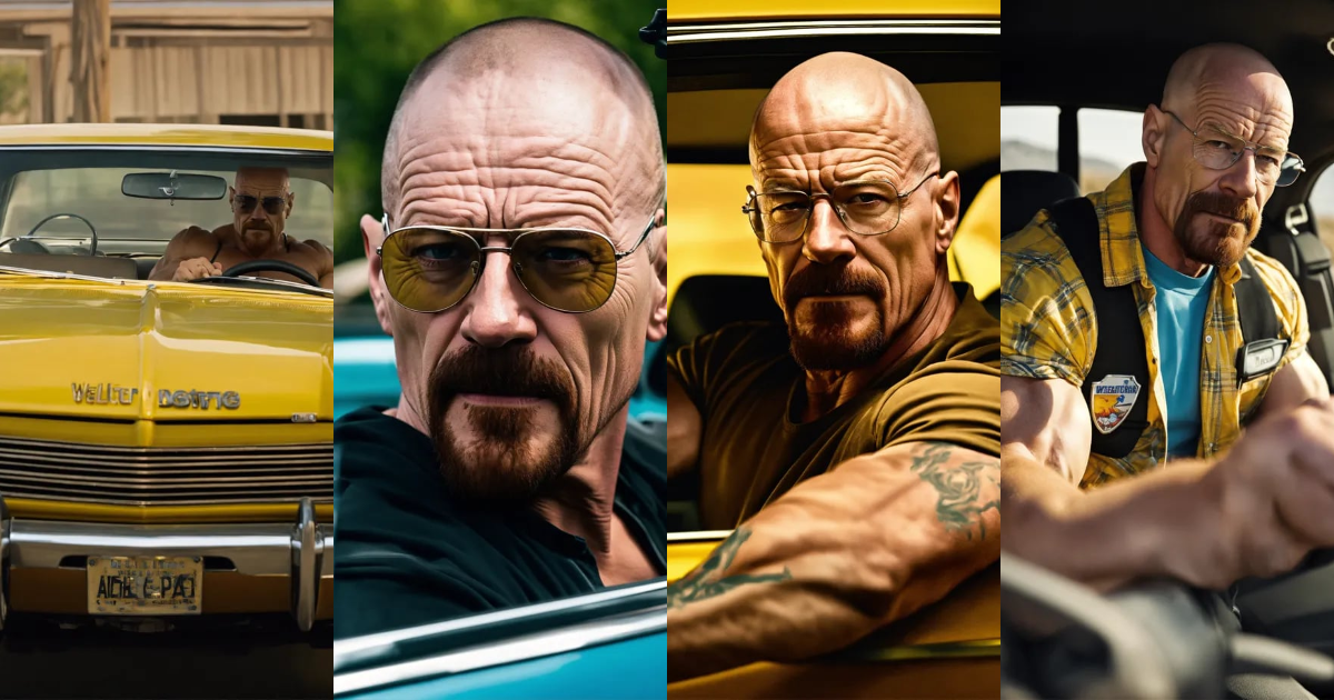 Lexica - Bodybuilder Walter White driving a car