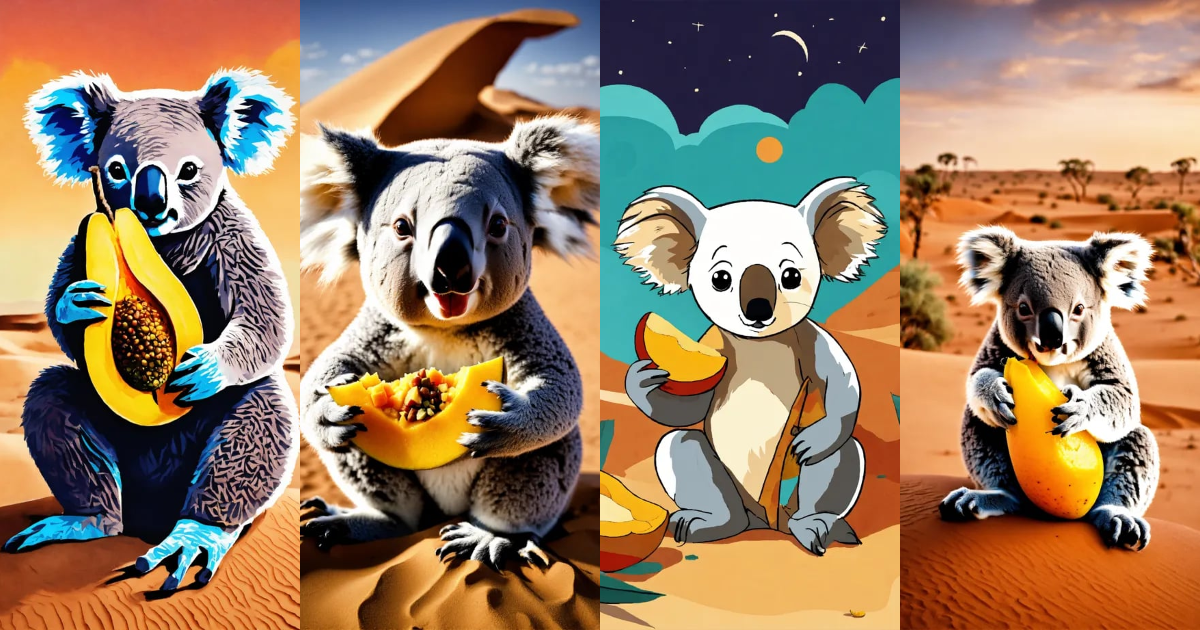 Lexica - A koala eating mango in the Sahara desert in the style of Picasso]